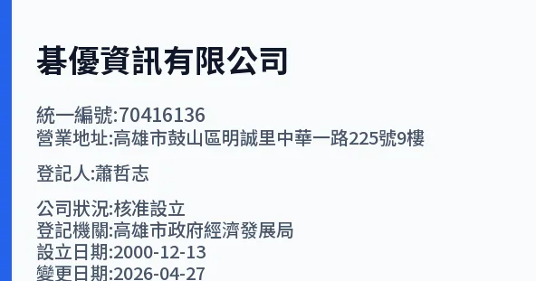 碁優資訊有限公司的照片-統編 70416136(高雄市) 公司登記資料與營業項目詳細圖表