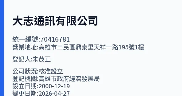 大志通訊有限公司的照片-統編 70416781(高雄市) 公司登記資料與營業項目詳細圖表