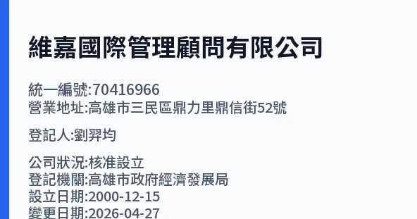 維嘉國際管理顧問有限公司的照片-統編 70416966(高雄市) 公司登記資料與營業項目詳細圖表