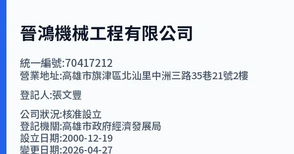 晉鴻機械工程有限公司的照片-統編 70417212(高雄市) 公司登記資料與營業項目詳細圖表