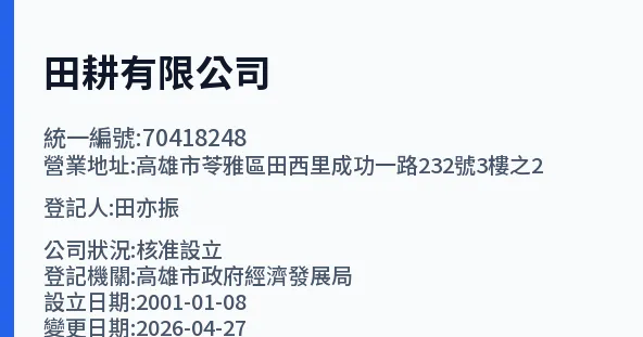 田耕有限公司的照片-統編 70418248(高雄市) 公司登記資料與營業項目詳細圖表
