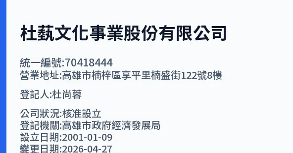 杜蓺文化事業股份有限公司的照片-統編 70418444(高雄市) 公司登記資料與營業項目詳細圖表