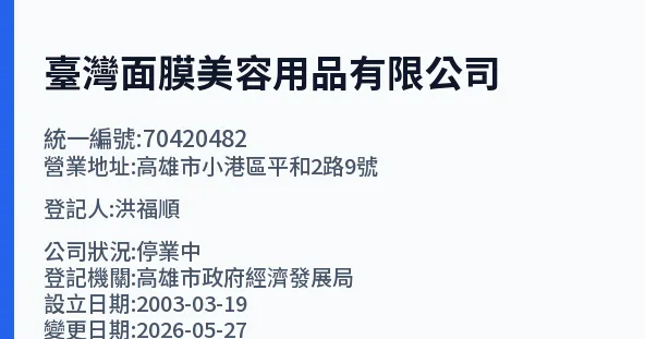 臺灣面膜美容用品有限公司的照片-統編 70420482(高雄市) 公司登記資料與營業項目詳細圖表