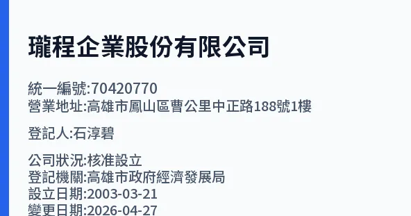 瓏程企業股份有限公司的照片-統編 70420770(高雄市) 公司登記資料與營業項目詳細圖表