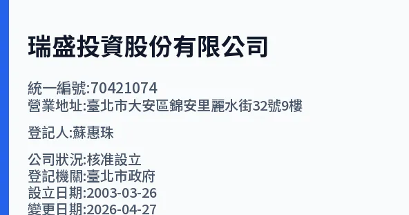 瑞盛投資股份有限公司的照片-統編 70421074(臺北市) 公司登記資料與營業項目詳細圖表