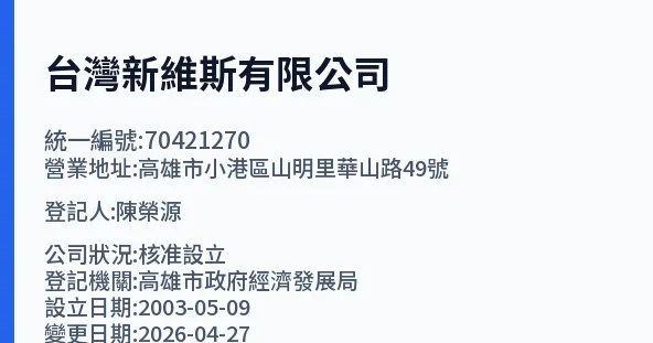 台灣新維斯有限公司的照片-統編 70421270(高雄市) 公司登記資料與營業項目詳細圖表