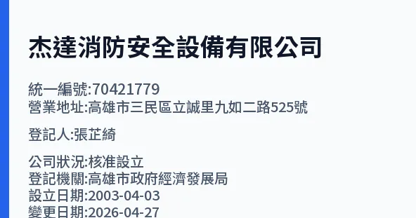 杰達消防安全設備有限公司的照片-統編 70421779(高雄市) 公司登記資料與營業項目詳細圖表