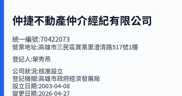仲捷不動產仲介經紀有限公司的照片-統編 70422073(高雄市) 公司登記資料與營業項目詳細圖表
