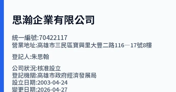 思瀚企業有限公司的照片-統編 70422117(高雄市) 公司登記資料與營業項目詳細圖表