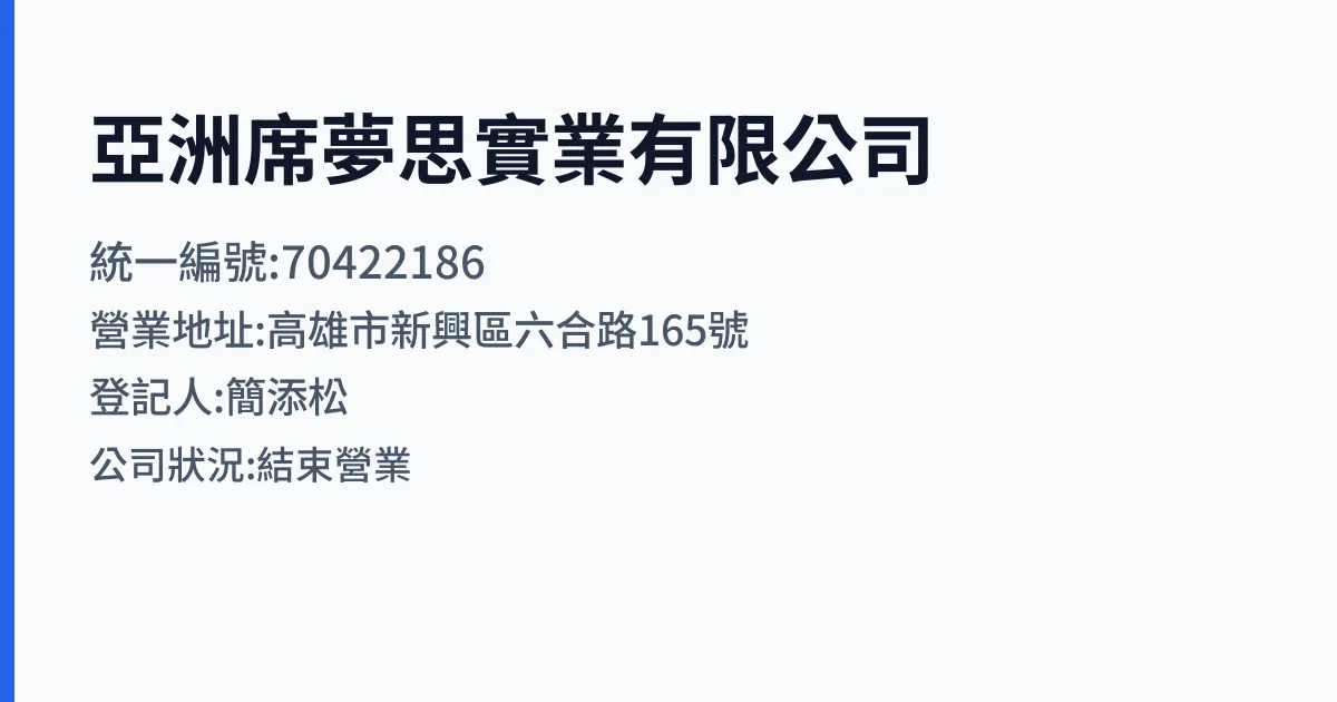 亞洲席夢思實業有限公司 - 統編 70422186(高雄市) 公司登記資料與營業項目詳細圖表