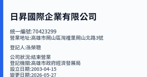日昇國際企業有限公司的照片-統編 70423299(高雄市) 公司登記資料與營業項目詳細圖表