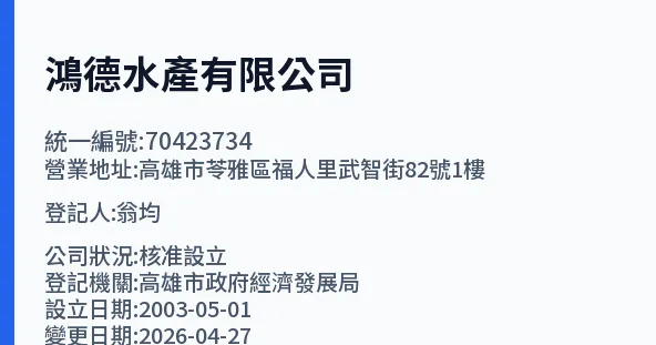 鴻德水產有限公司的照片-統編 70423734(高雄市) 公司登記資料與營業項目詳細圖表