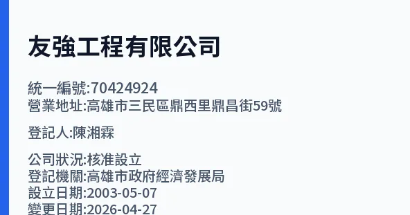 友強工程有限公司的照片-統編 70424924(高雄市) 公司登記資料與營業項目詳細圖表