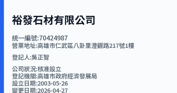 裕發石材有限公司的照片-統編 70424987(高雄市) 公司登記資料與營業項目詳細圖表