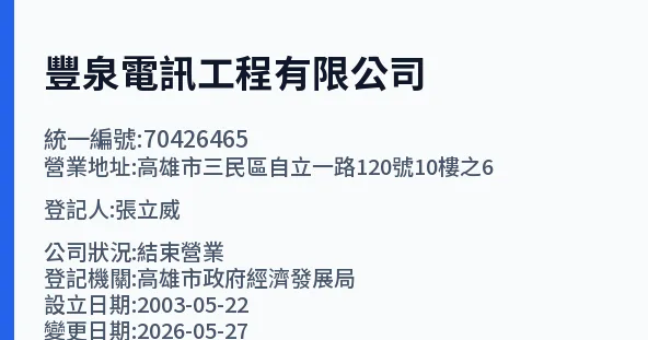 豐泉電訊工程有限公司的照片-統編 70426465(高雄市) 公司登記資料與營業項目詳細圖表