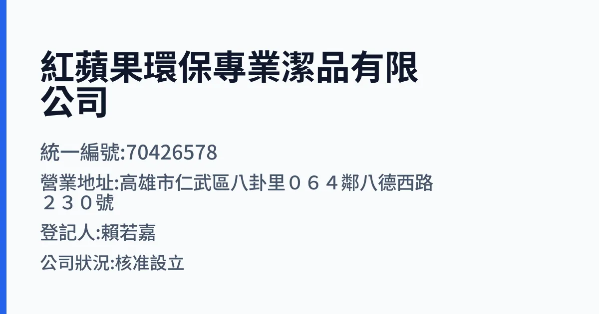 紅蘋果環保專業潔品有限公司 - 統編 70426578(高雄市) 公司登記資料與營業項目詳細圖表