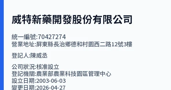 威特新藥開發股份有限公司的照片-統編 70427274(屏東縣) 公司登記資料與營業項目詳細圖表
