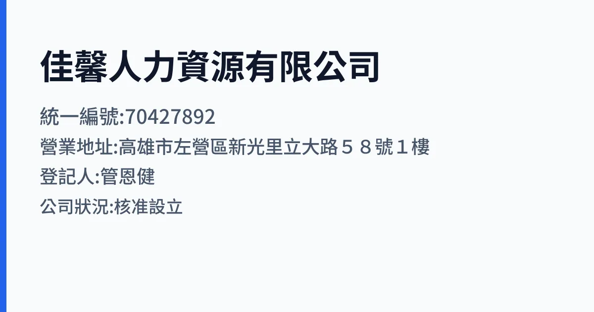 佳馨人力資源有限公司 - 統編 70427892(高雄市) 公司登記資料與營業項目詳細圖表