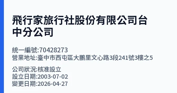飛行家旅行社股份有限公司台中分公司的照片-統編 70428273(臺中市) 公司登記資料與營業項目詳細圖表
