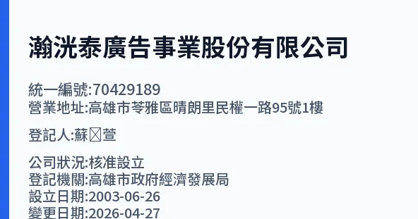 瀚洸泰廣告事業股份有限公司的照片-統編 70429189(高雄市) 公司登記資料與營業項目詳細圖表
