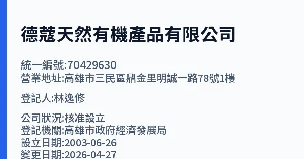 德蔻天然有機產品有限公司的照片-統編 70429630(高雄市) 公司登記資料與營業項目詳細圖表