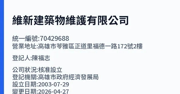 維新建築物維護有限公司的照片-統編 70429688(高雄市) 公司登記資料與營業項目詳細圖表