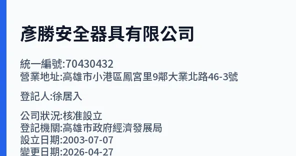 彥勝安全器具有限公司的照片-統編 70430432(高雄市) 公司登記資料與營業項目詳細圖表
