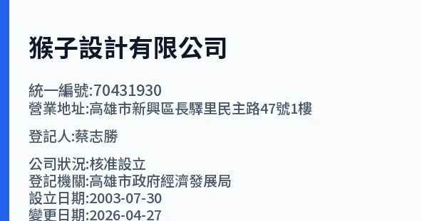 猴子設計有限公司的照片-統編 70431930(高雄市) 公司登記資料與營業項目詳細圖表