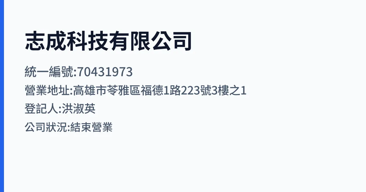 志成科技有限公司 - 統編 70431973(高雄市) 公司登記資料與營業項目詳細圖表