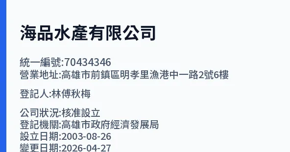 海品水產有限公司的照片-統編 70434346(高雄市) 公司登記資料與營業項目詳細圖表
