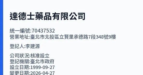 達德士藥品有限公司的照片-統編 70437532(臺北市) 公司登記資料與營業項目詳細圖表
