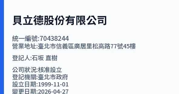 貝立德股份有限公司的照片-統編 70438244(臺北市) 公司登記資料與營業項目詳細圖表