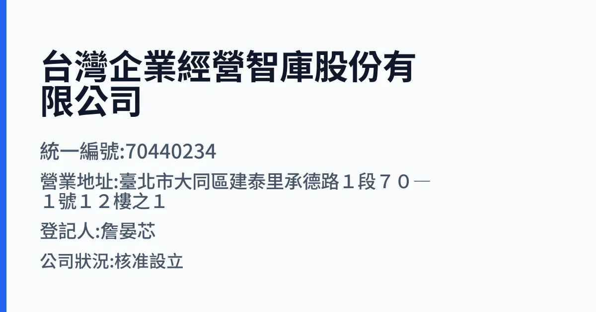 台灣企業經營智庫股份有限公司 - 統編 70440234(臺北市) 公司登記資料與營業項目詳細圖表