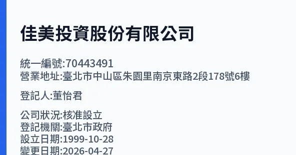 佳美投資股份有限公司的照片-統編 70443491(臺北市) 公司登記資料與營業項目詳細圖表