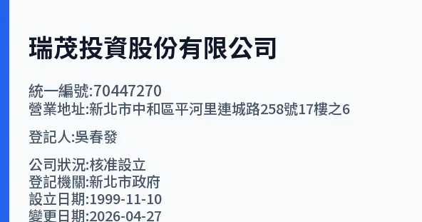 瑞茂投資股份有限公司的照片-統編 70447270(新北市) 公司登記資料與營業項目詳細圖表
