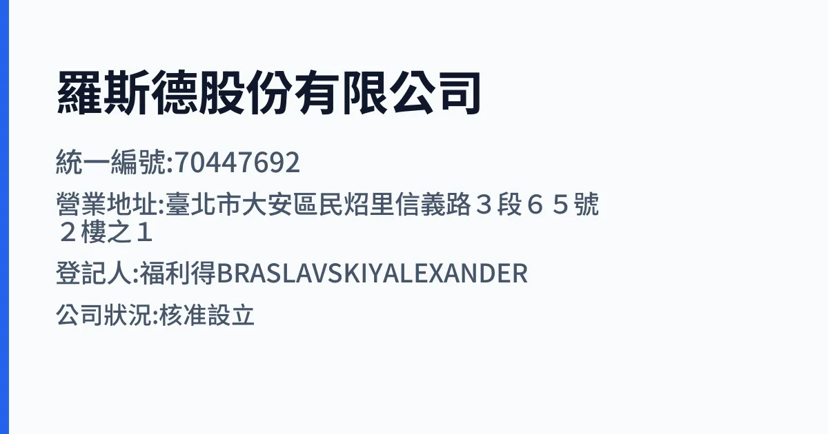 羅斯德股份有限公司 - 統編 70447692(臺北市) 公司登記資料與營業項目詳細圖表