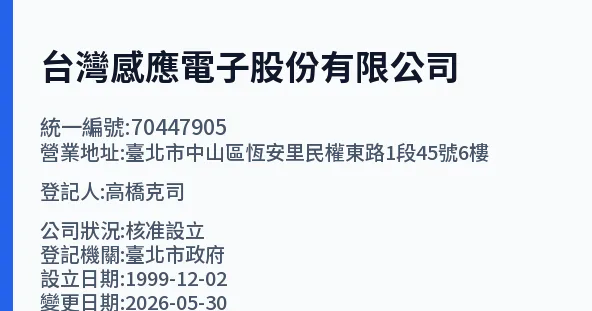 台灣感應電子股份有限公司的照片-統編 70447905(臺北市) 公司登記資料與營業項目詳細圖表