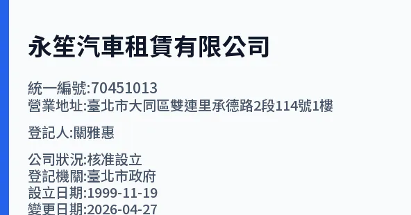 永笙汽車租賃有限公司的照片-統編 70451013(臺北市) 公司登記資料與營業項目詳細圖表
