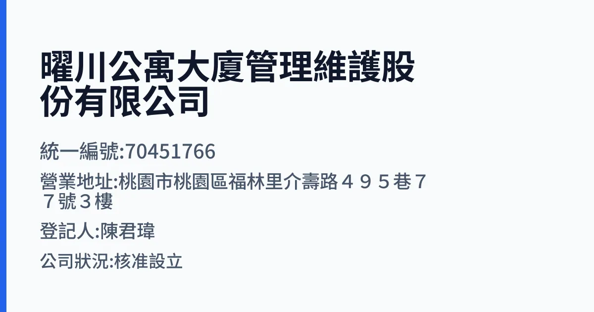 曜川公寓大廈管理維護股份有限公司 - 統編 70451766(桃園市) 公司登記資料與營業項目詳細圖表