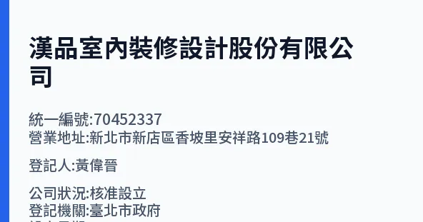 漢品室內裝修設計股份有限公司的照片-統編 70452337(新北市) 公司登記資料與營業項目詳細圖表