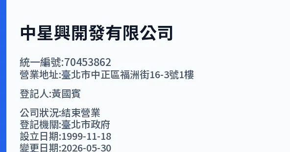 中星興開發有限公司的照片-統編 70453862(臺北市) 公司登記資料與營業項目詳細圖表