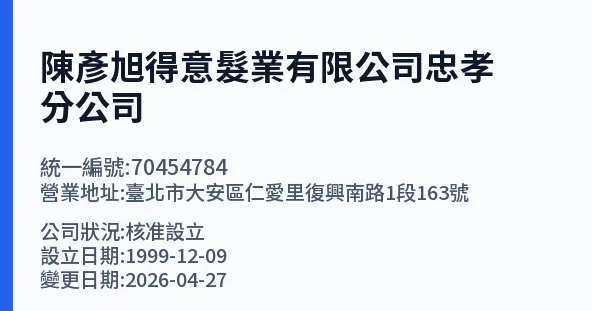 陳彥旭得意髮業有限公司忠孝分公司的照片-統編 70454784(臺北市) 公司登記資料與營業項目詳細圖表