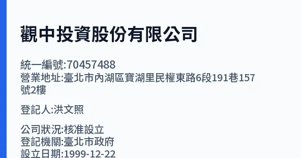 觀中投資股份有限公司的照片-統編 70457488(臺北市) 公司登記資料與營業項目詳細圖表