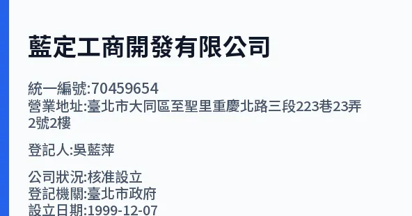 藍定工商開發有限公司的照片-統編 70459654(臺北市) 公司登記資料與營業項目詳細圖表