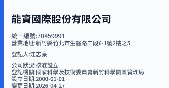 能資國際股份有限公司的照片-統編 70459991(新竹縣) 公司登記資料與營業項目詳細圖表