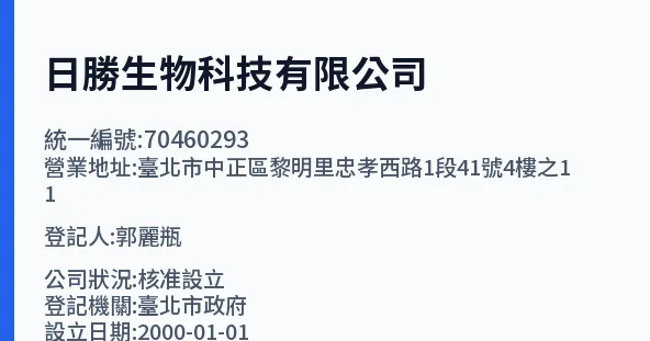 日勝生物科技有限公司的照片-統編 70460293(臺北市) 公司登記資料與營業項目詳細圖表