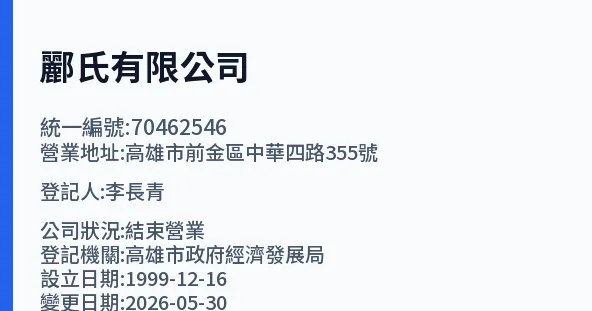酈氏有限公司的照片-統編 70462546(高雄市) 公司登記資料與營業項目詳細圖表