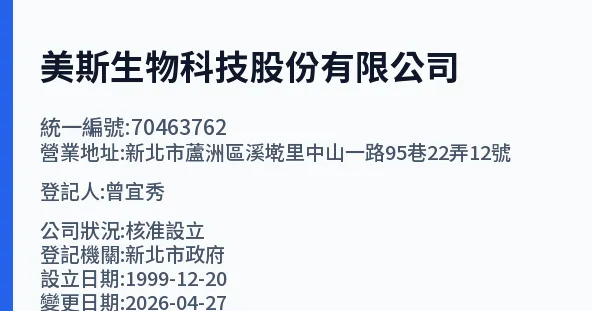 美斯生物科技股份有限公司的照片-統編 70463762(新北市) 公司登記資料與營業項目詳細圖表