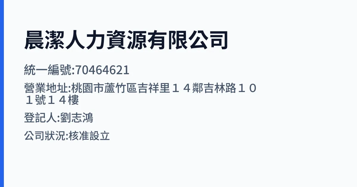 晨潔人力資源有限公司 - 統編 70464621(桃園市) 公司登記資料與營業項目詳細圖表