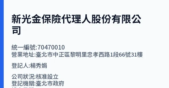 新光金保險代理人股份有限公司的照片-統編 70470010(臺北市) 公司登記資料與營業項目詳細圖表